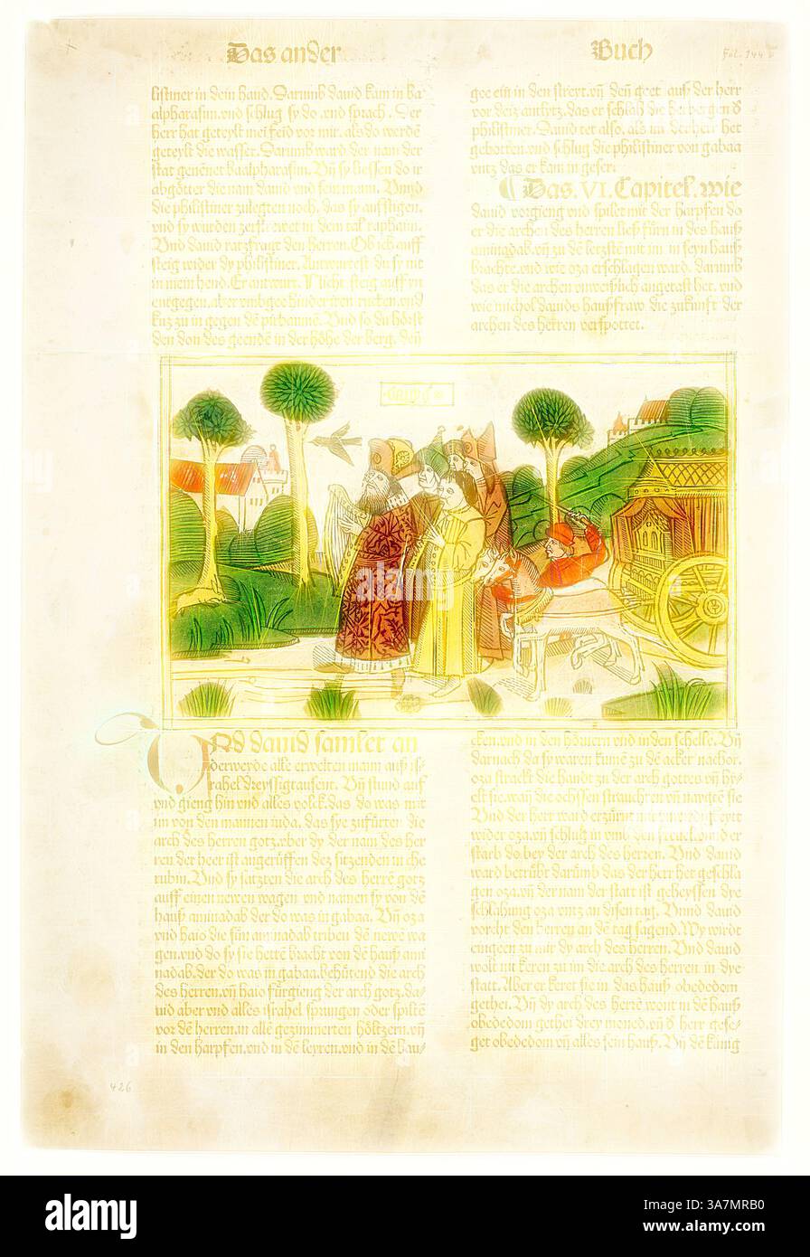 A beautifully illustrated manuscript page featuring a colorful scene of figures in elaborate ...