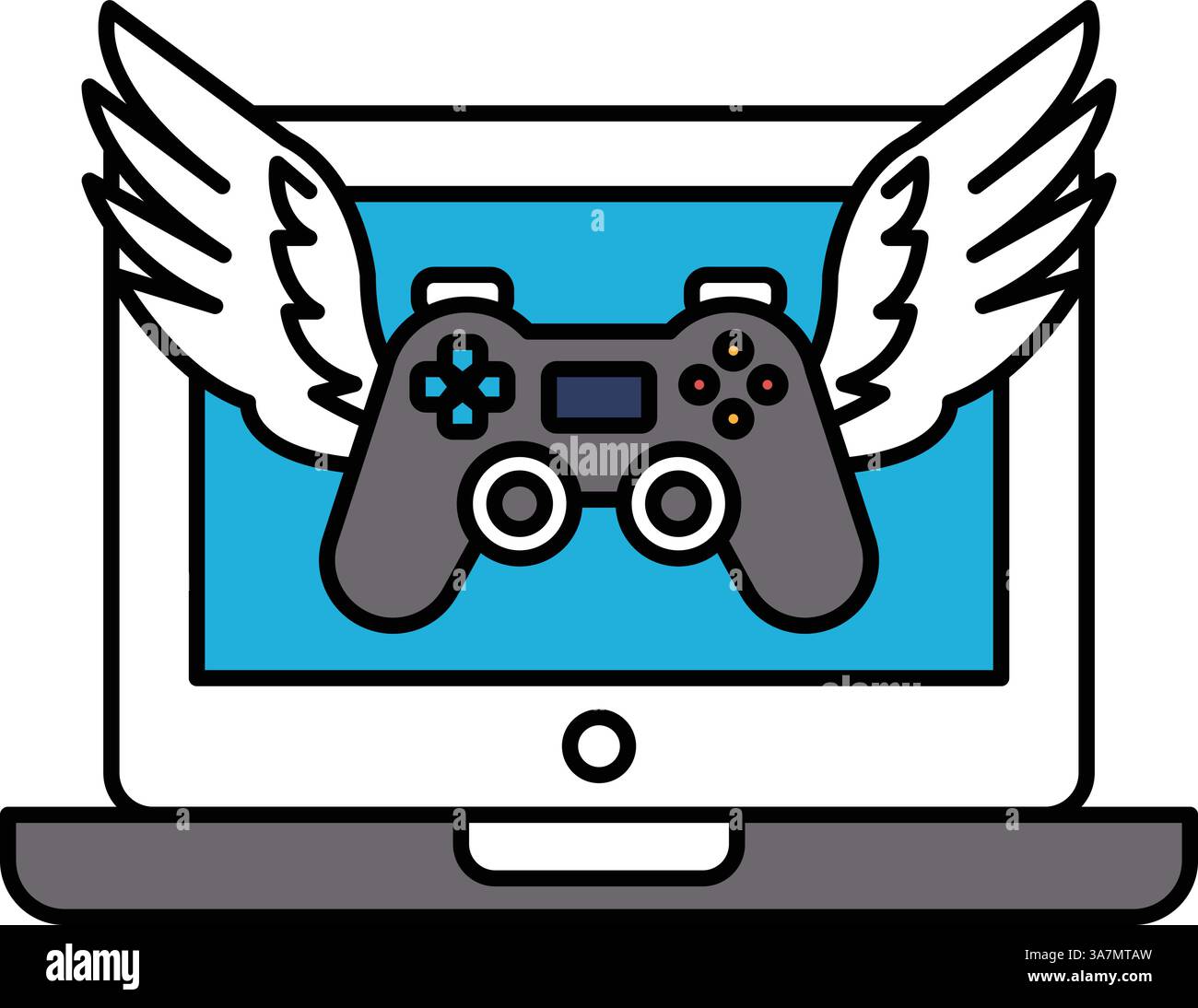 A video game controller with wings on it. The controller is on a laptop ...