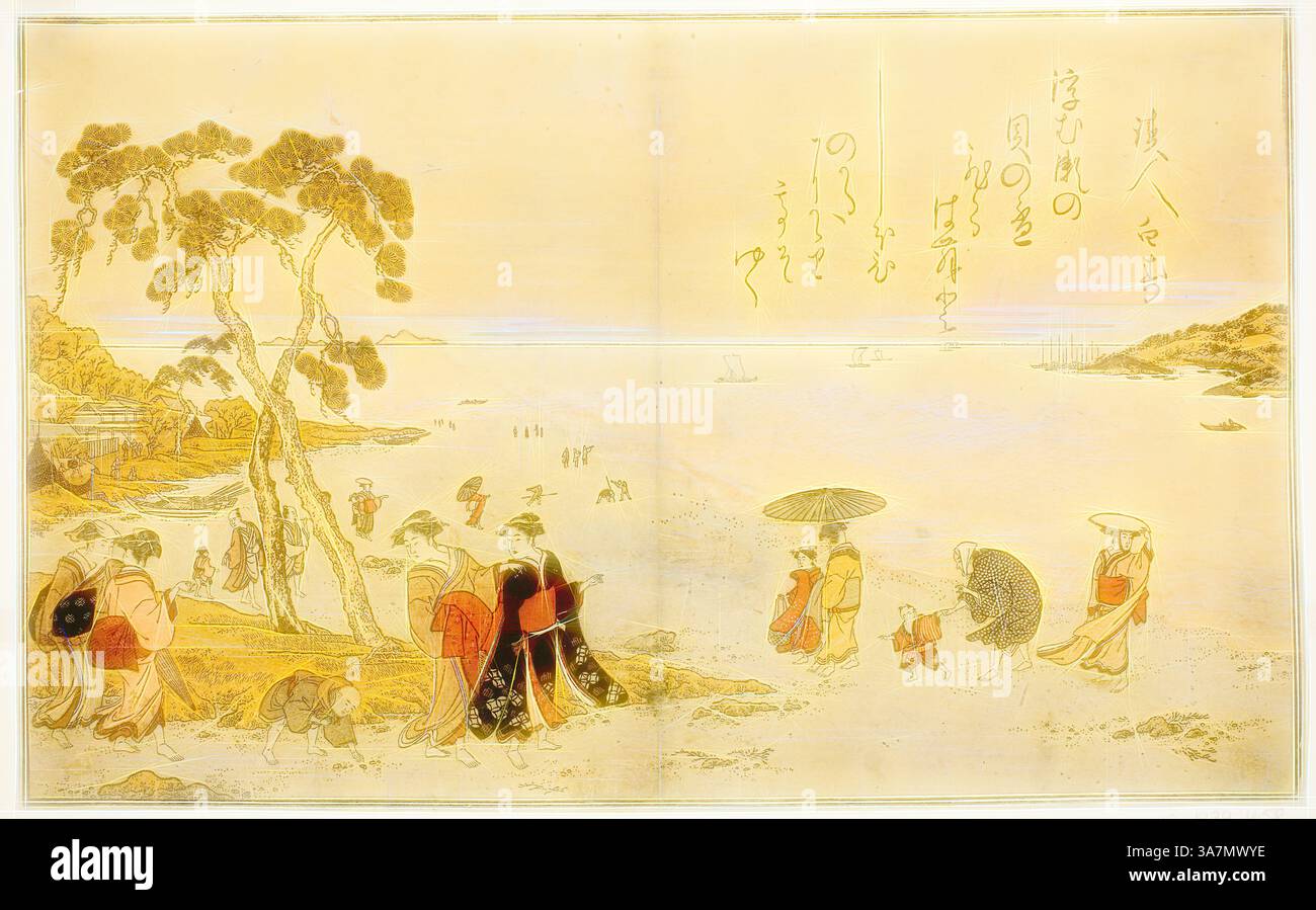 A serene coastal scene features figures in traditional attire engaged ...
