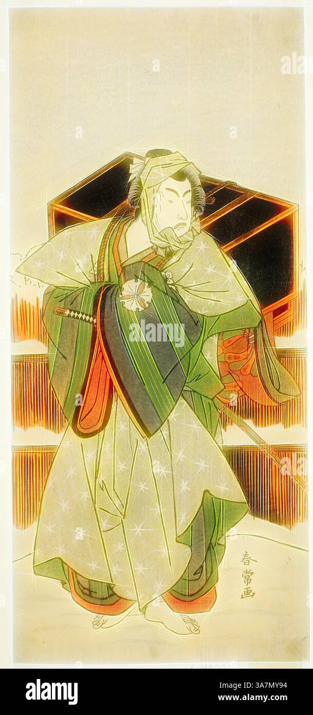 A traditional figure in elaborate clothing stands poised, holding a fan ...