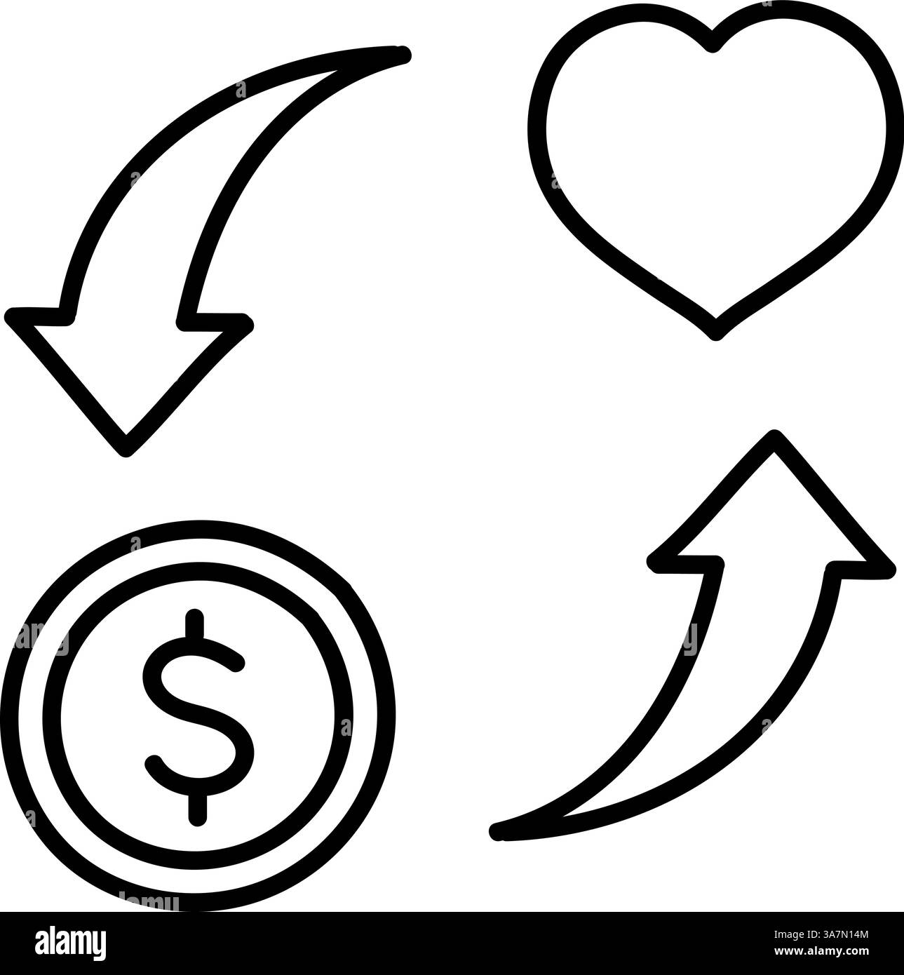 Coin and heart shape and rotating arrows icon. Hand drawn vector ...