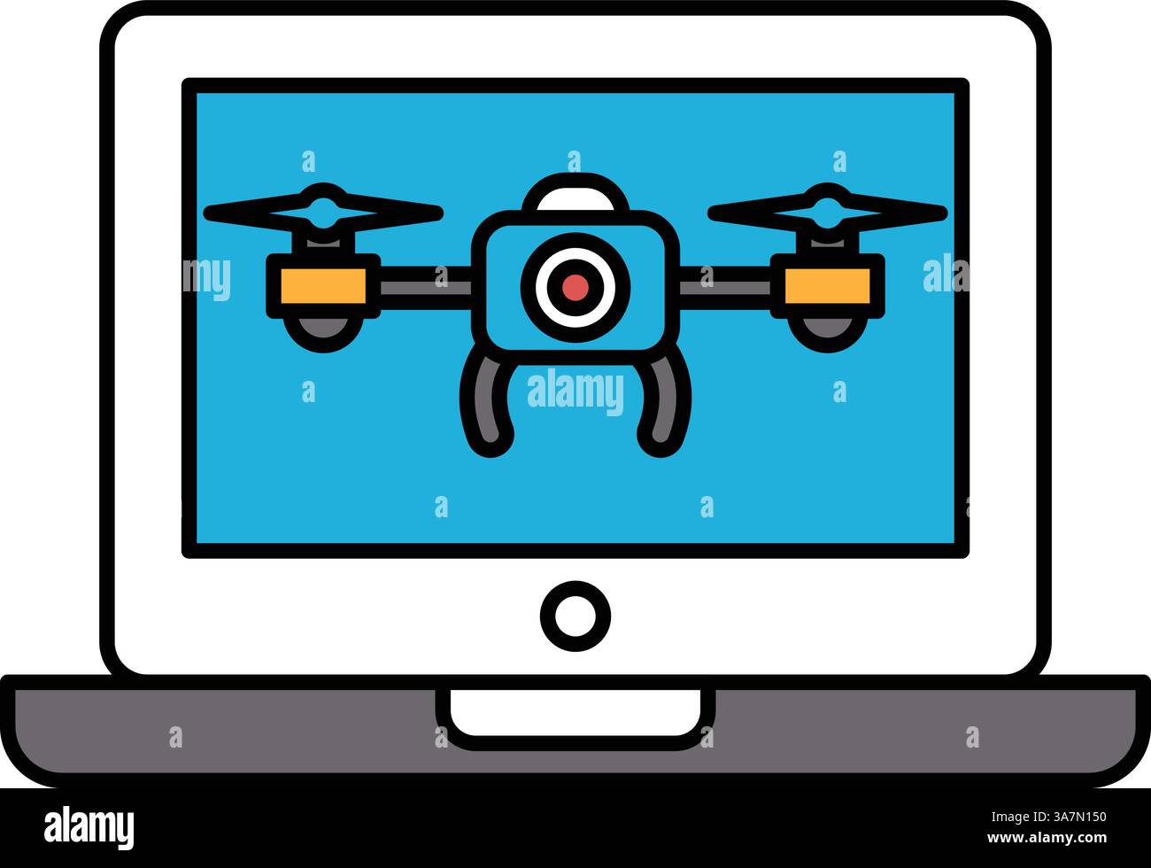 A blue and white drone is displayed on a laptop screen. The drone is ...