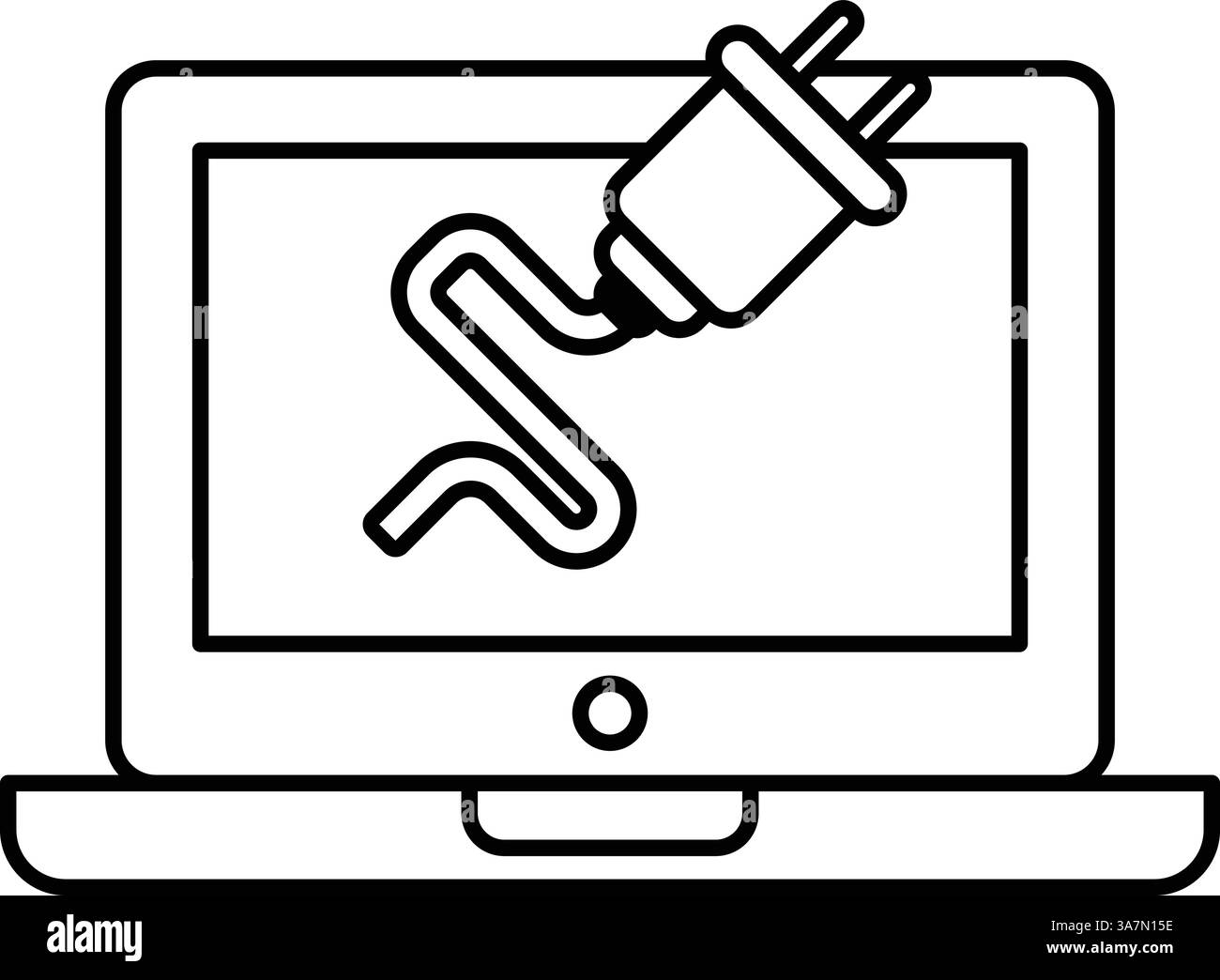 A black and white drawing of a laptop with a power cord plugged into it ...