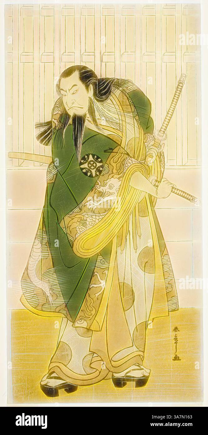 A fierce warrior stands poised, adorned in intricately patterned robes ...