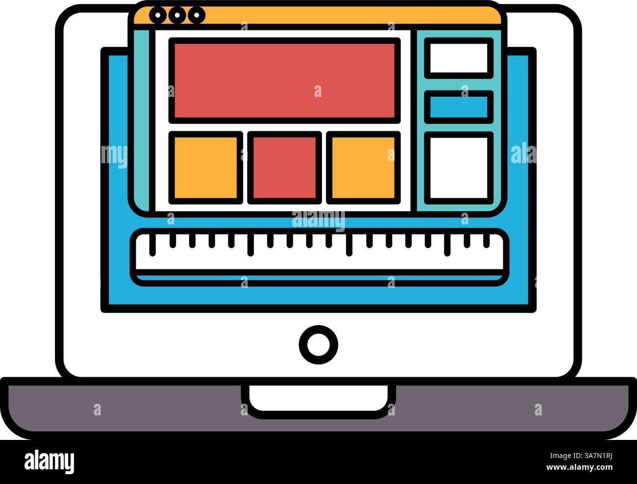 A laptop screen shows a website design with a ruler and a red and ...