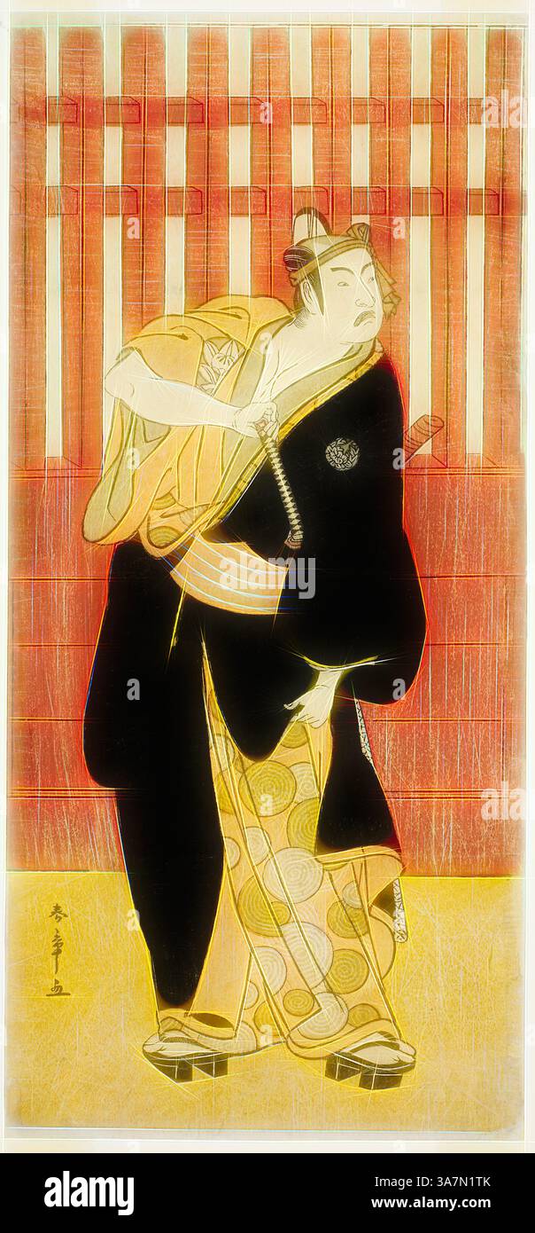 A traditional Japanese scene featuring a well-dressed figure, possibly ...