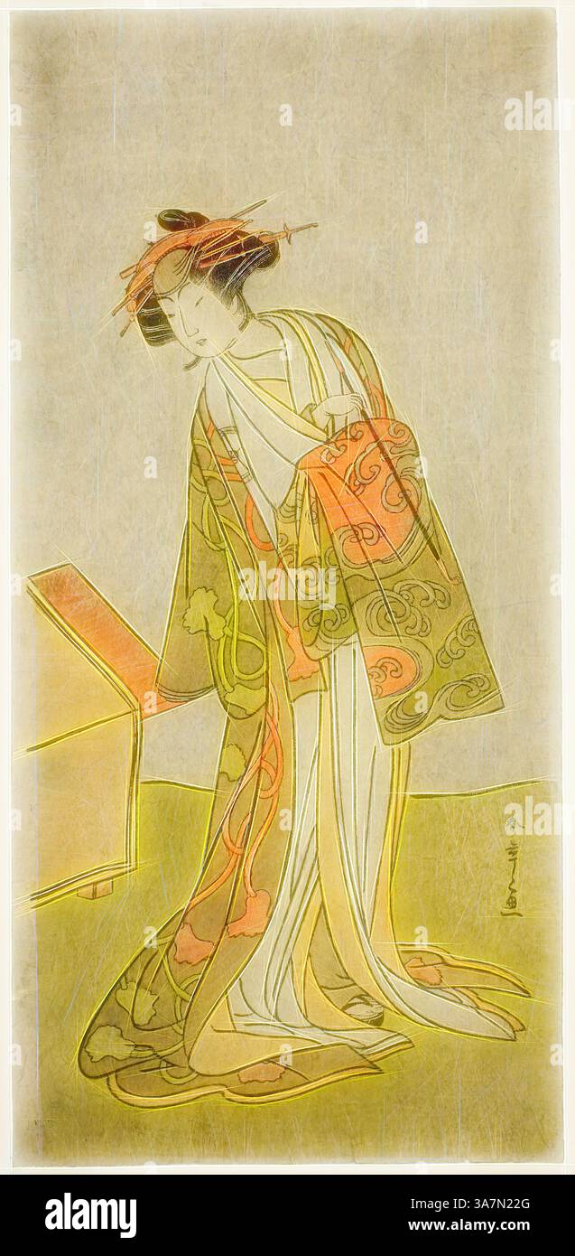 A graceful figure dressed in a richly detailed kimono stands in a ...