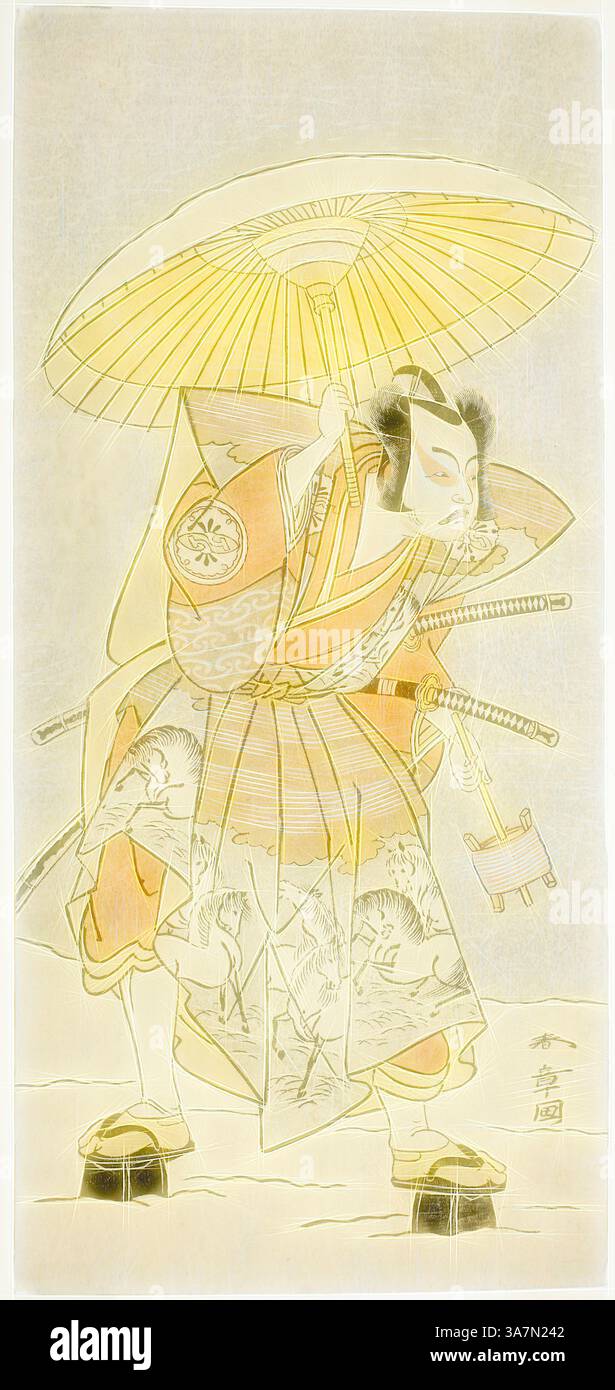 A figure clad in traditional attire holds a large parasol, exuding an ...