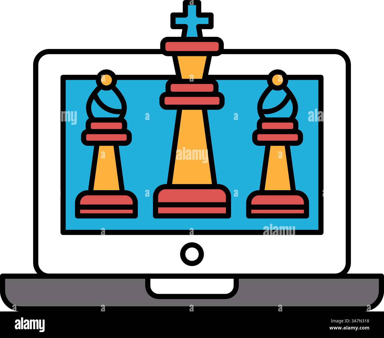 A laptop screen shows three chess pieces, with one of them being a king ...