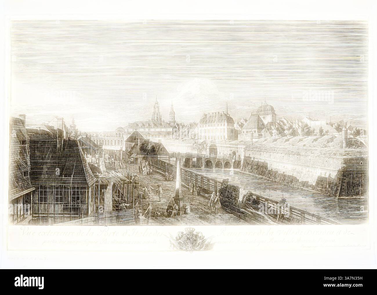 A detailed landscape scene depicting a historical town, featuring ...