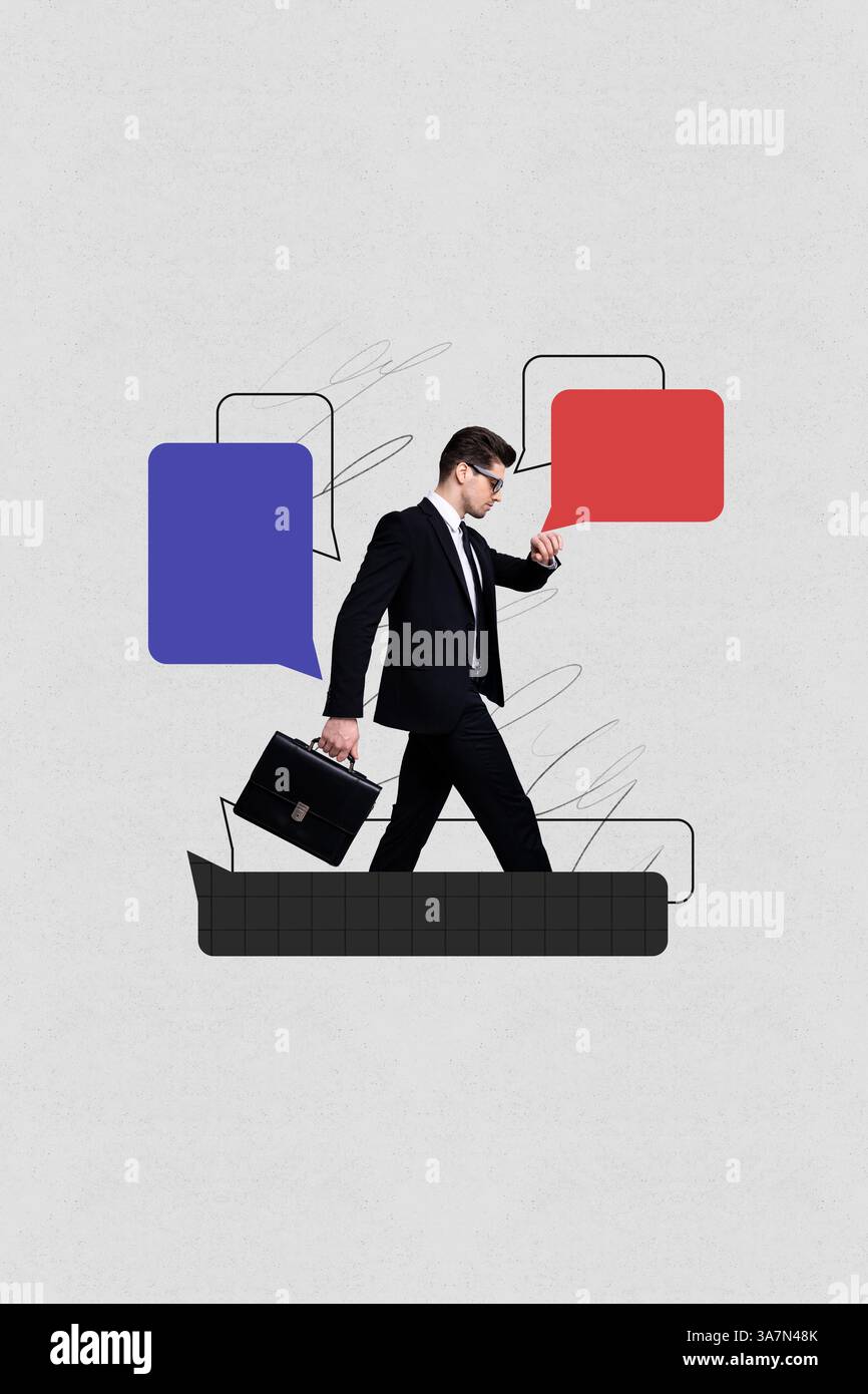 Exclusive image vertical collage of serious businessman walk bubble ...