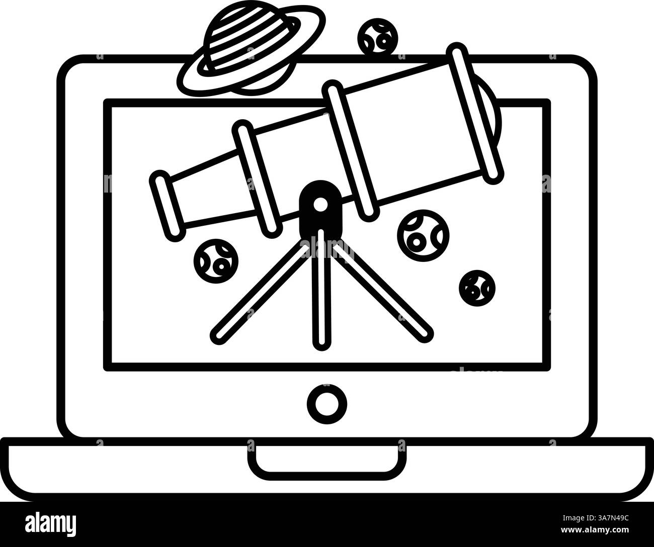 A black and white drawing of a telescope and a planet. The telescope is ...