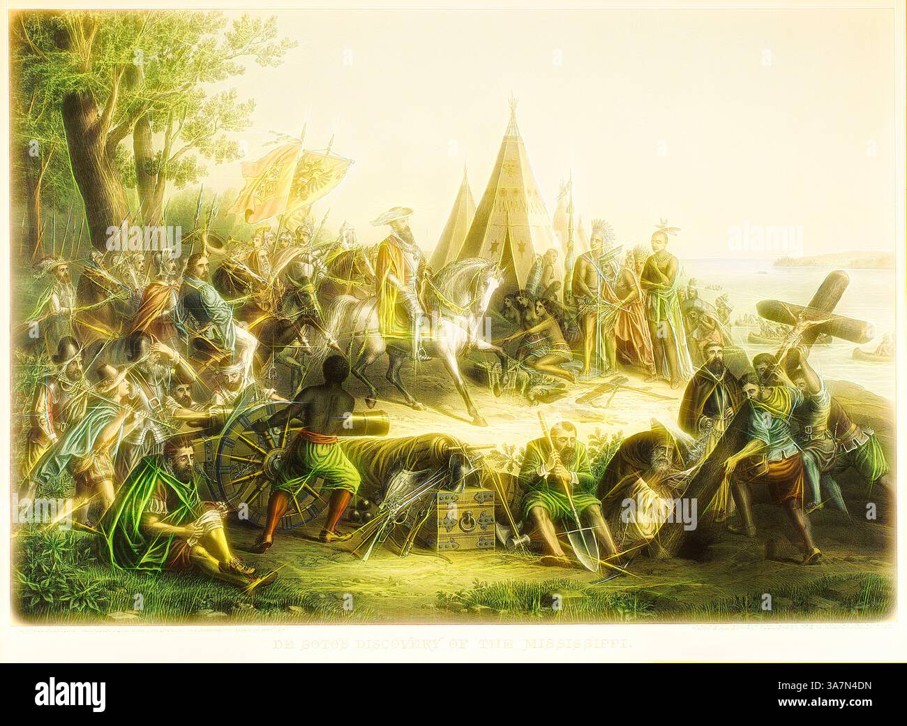 A historical scene depicting the tumultuous encounter between explorers ...