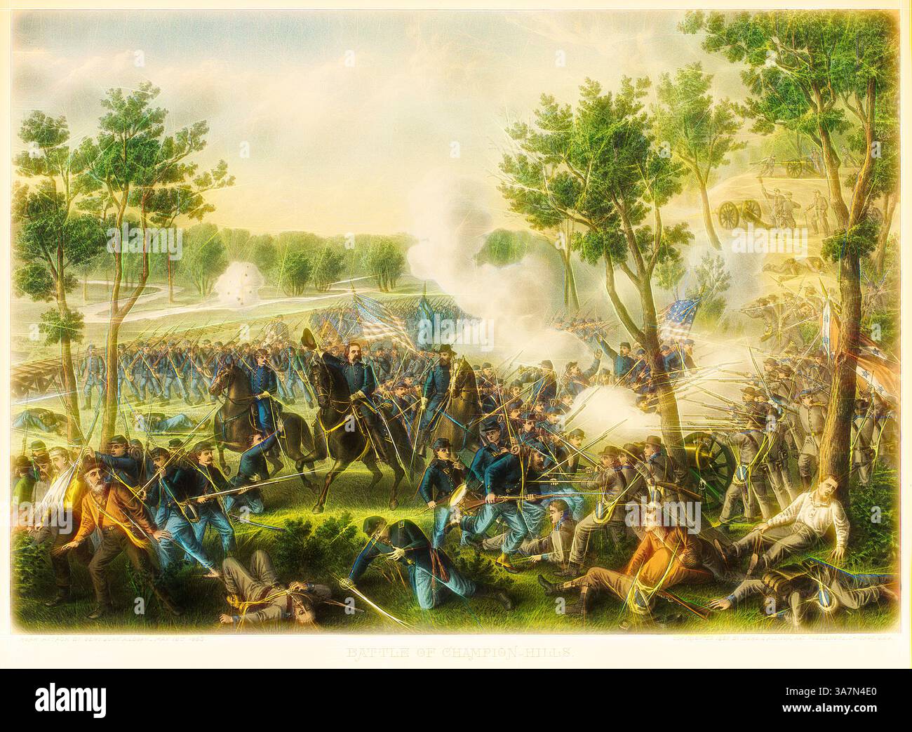 A chaotic battlefield scene depicting soldiers in combat during the ...