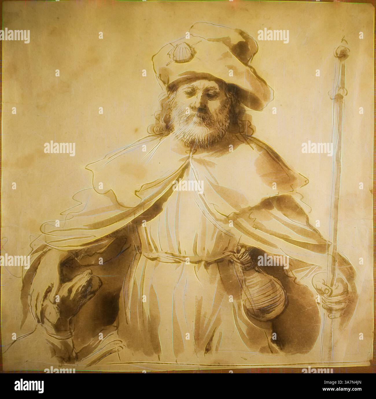 A bearded figure dressed in ornate robes and a distinctive hat, holding ...