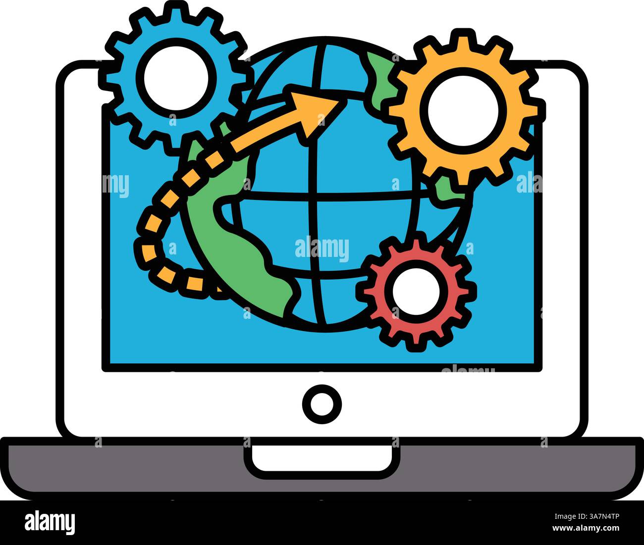 A computer monitor shows a globe with a green arrow pointing to the right. The globe is ...