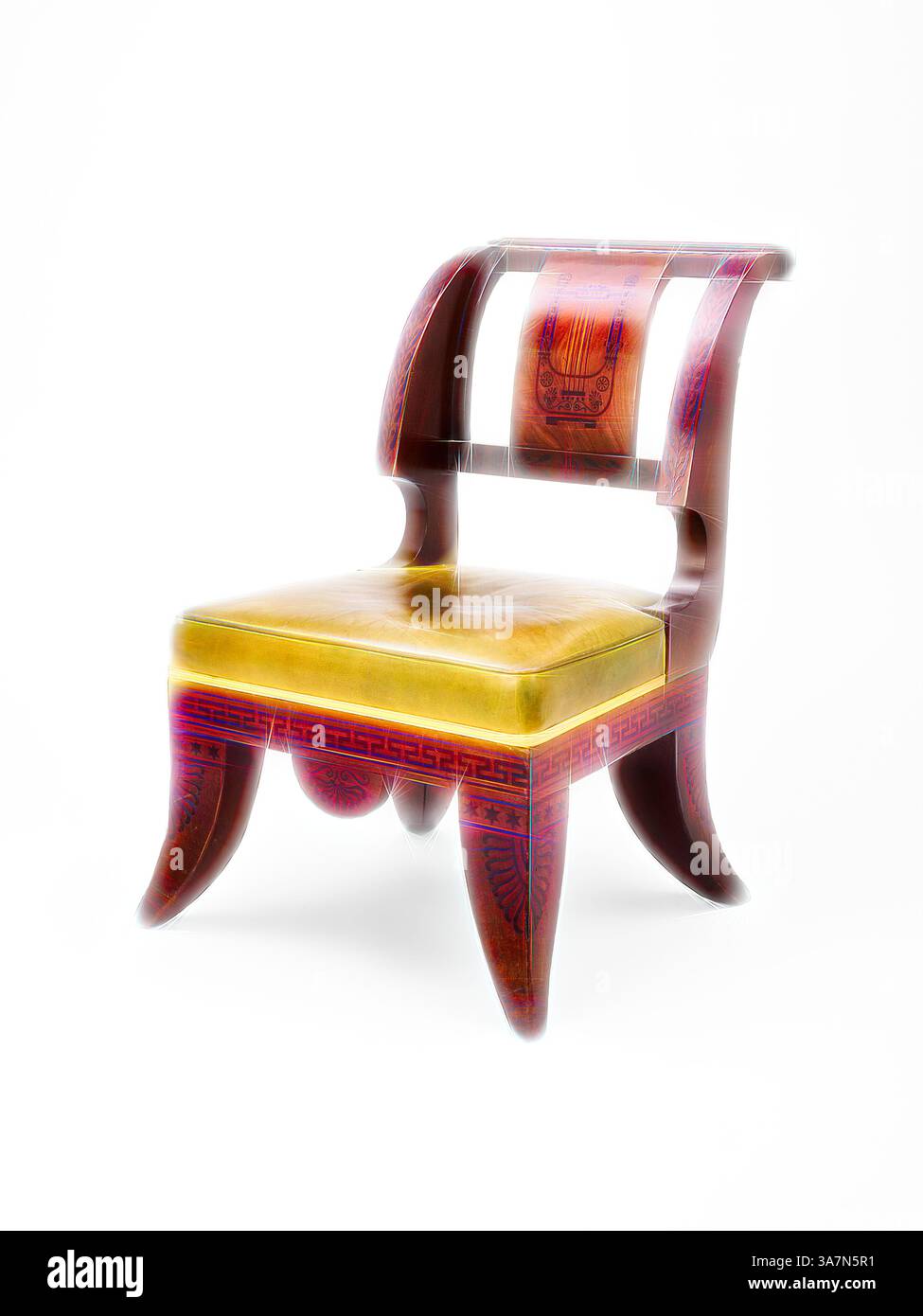 A uniquely designed chair featuring an ornate backrest and vibrant ...