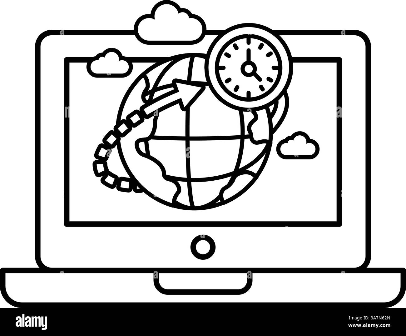 A laptop screen shows a globe with a clock on it. The clock is set to ...