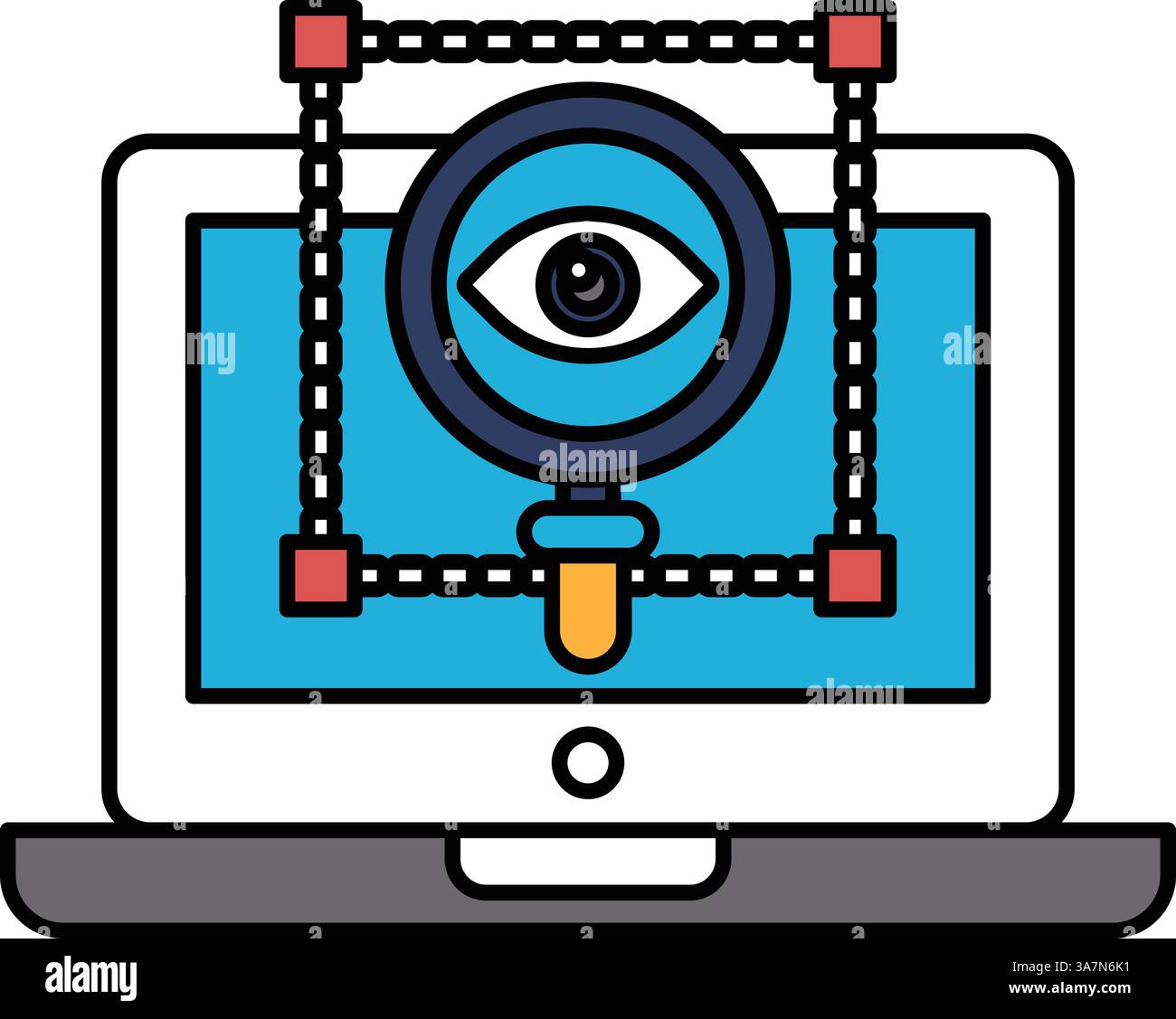 A computer monitor with a magnifying glass on it. The eye of the ...