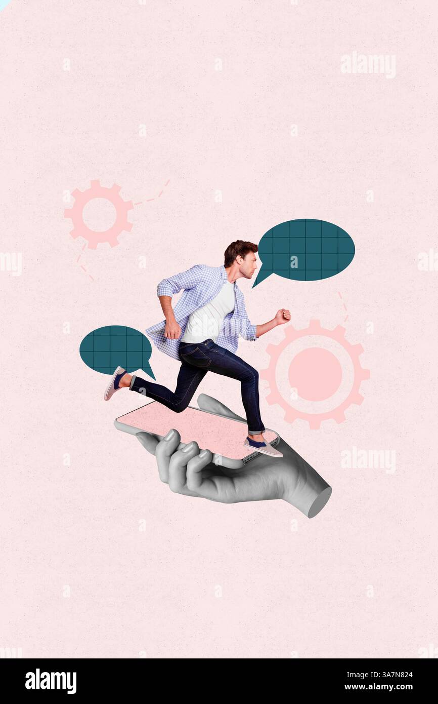 Banner creative collage of young guy avatar running on phone screen ...