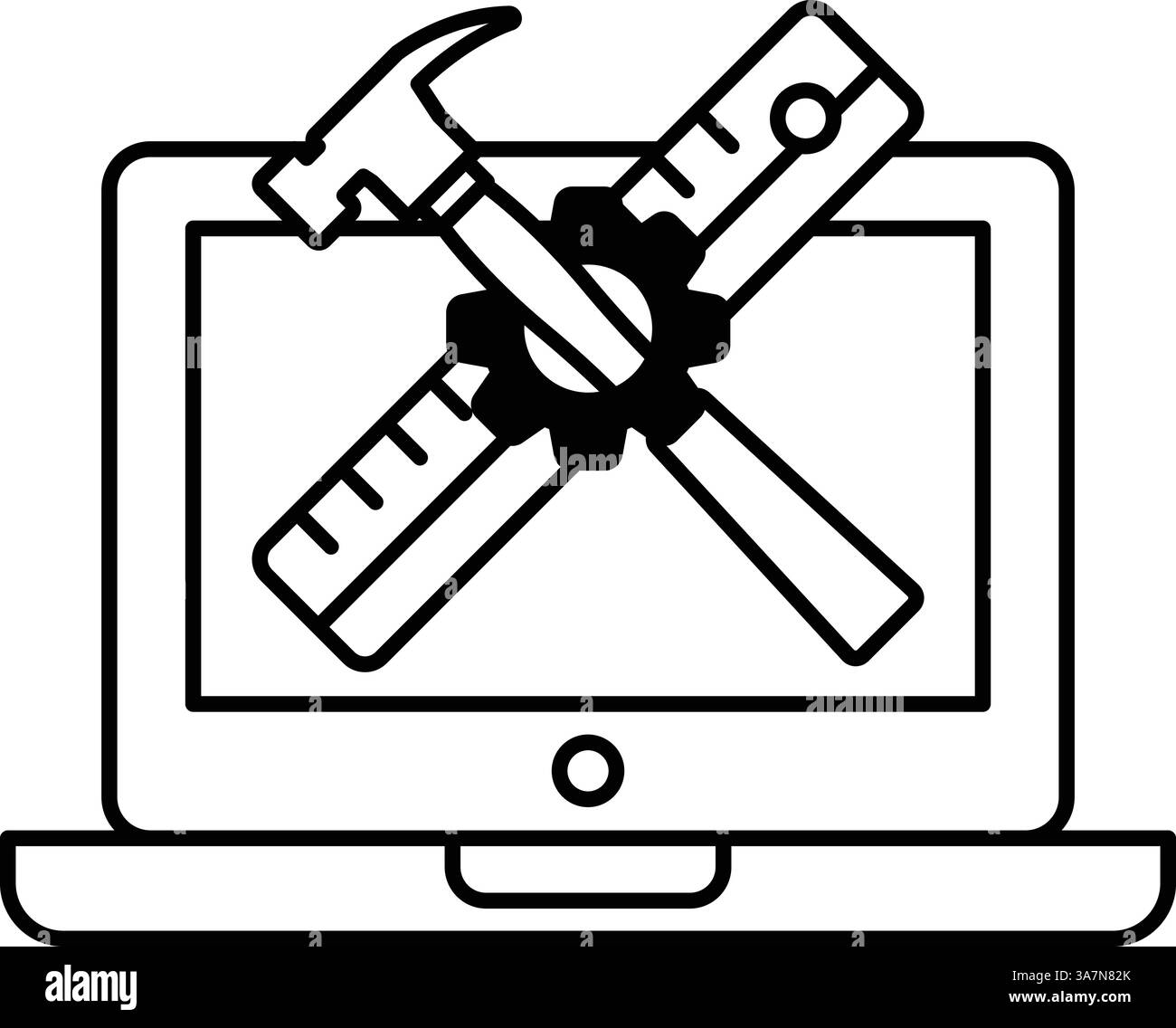 A black and white image of a laptop with a hammer and a ruler on it ...