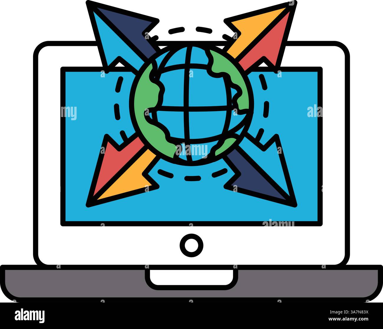 A laptop screen shows a globe with arrows pointing to different ...
