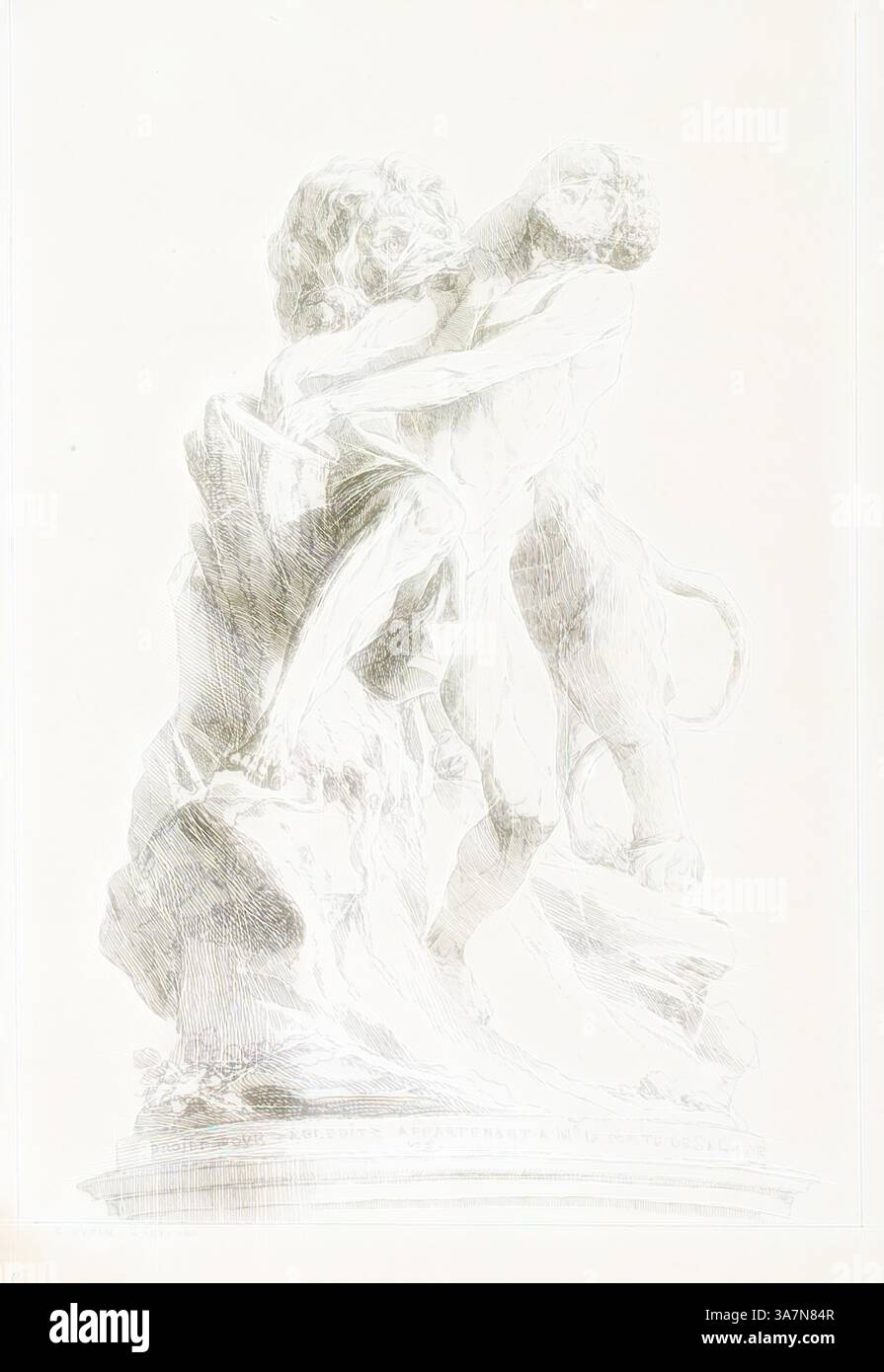 A dramatic sculpture depicting a muscular figure grappling with a lion ...