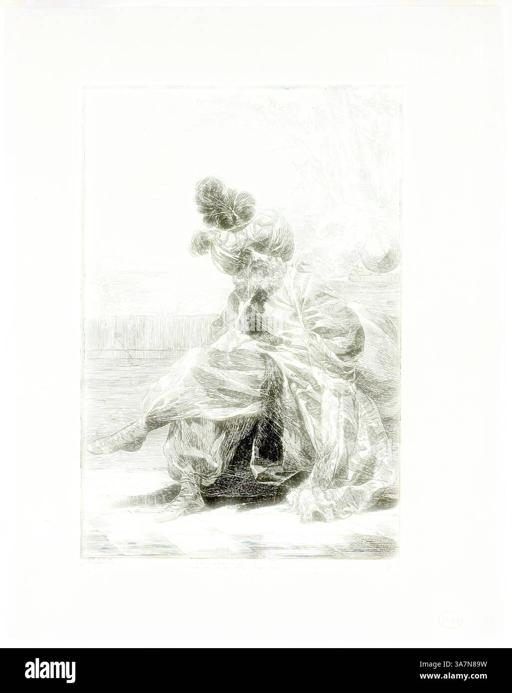 A seated figure draped in flowing garments, adorned with decorative ...