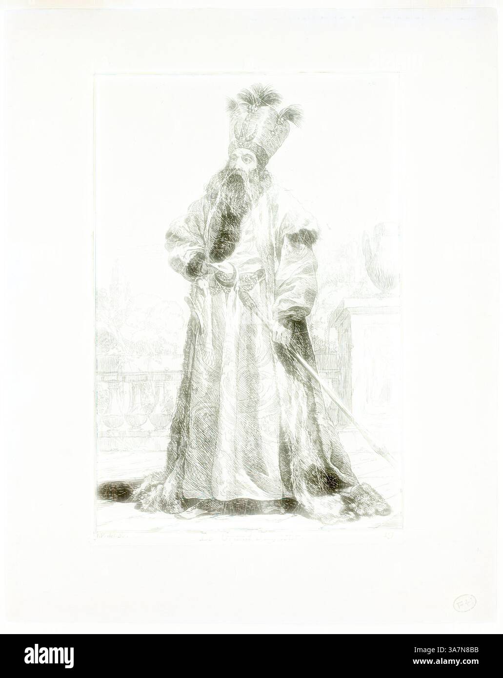 A regal figure draped in elaborate robes stands confidently, adorned ...