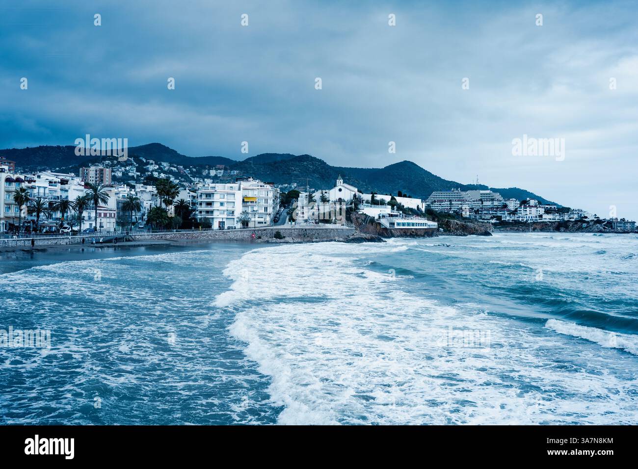 Landscape of the sea on the coast of the spanish town of Sitges in ...