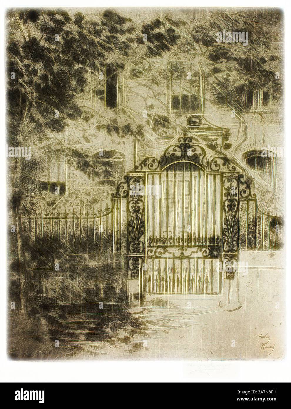 An ornate wrought iron gate framed by lush foliage leads to a ...