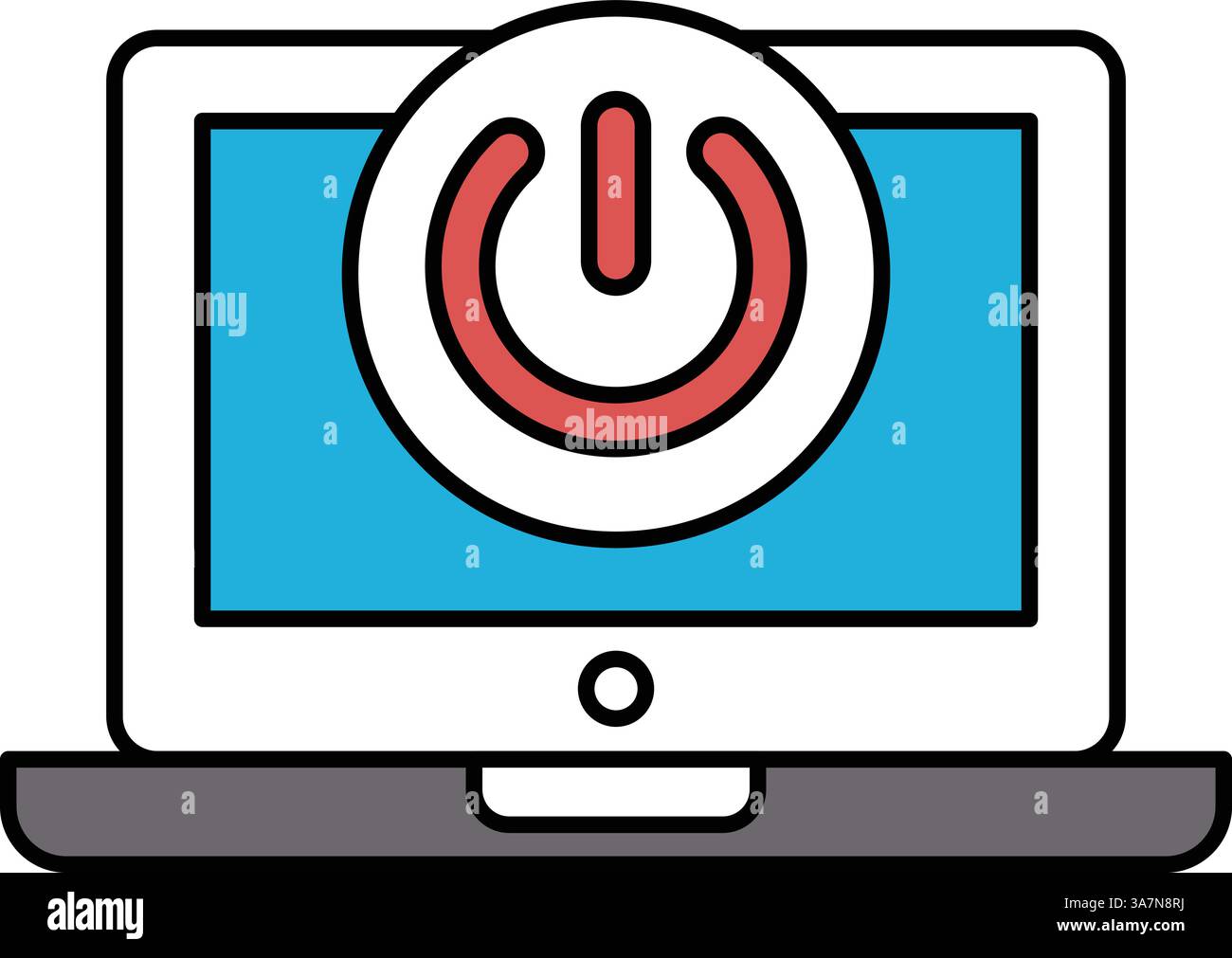 A laptop screen with a red button in the center. The button is labeled ...