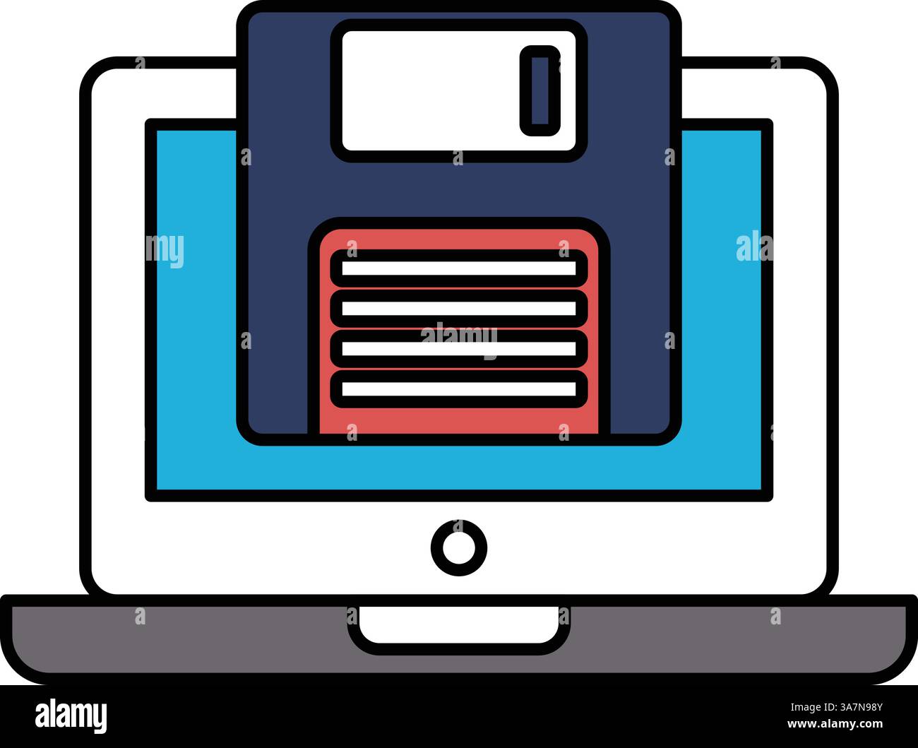 A computer monitor shows a floppy disc. The image is of a laptop ...