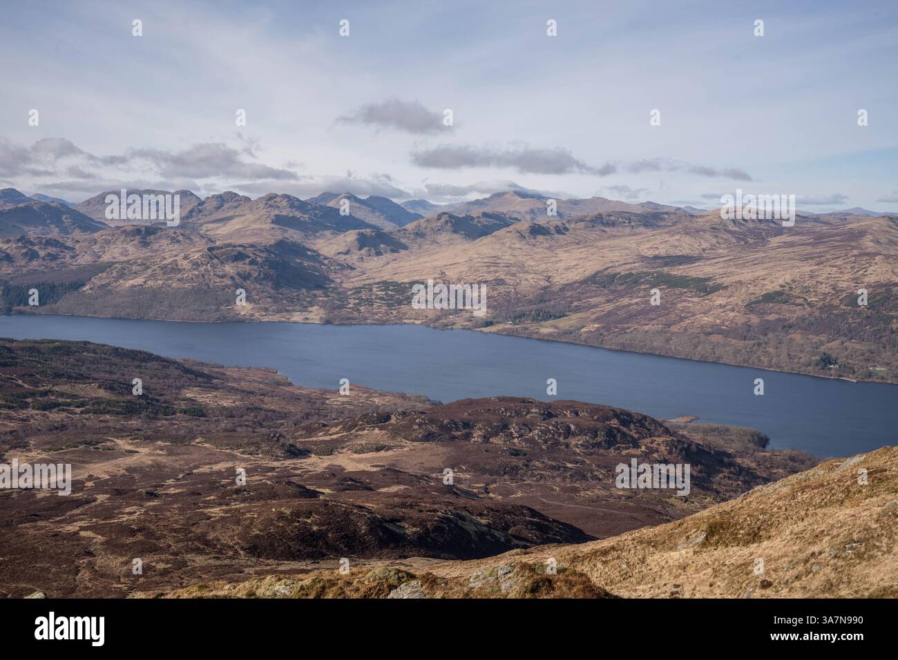 Loch Katrine and mountains in the Trossachs national park from Ben Venue mountain Scotland Stock ...