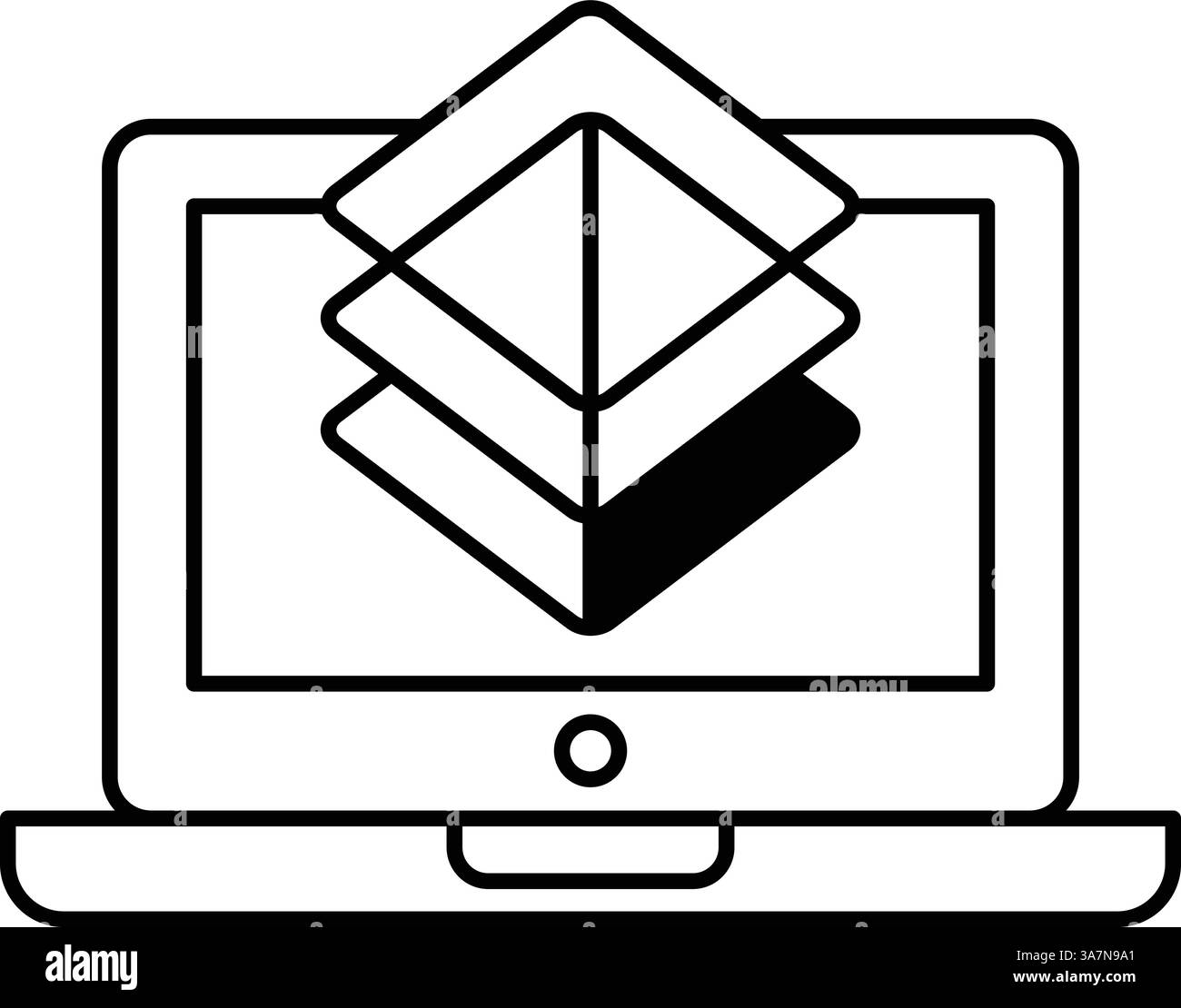 A laptop with a black and white design of a cube on the screen. The ...