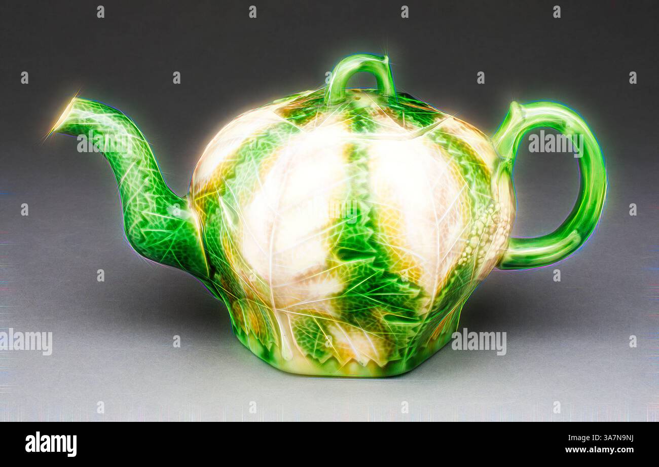 A unique teapot designed to resemble a cabbage, featuring intricate ...