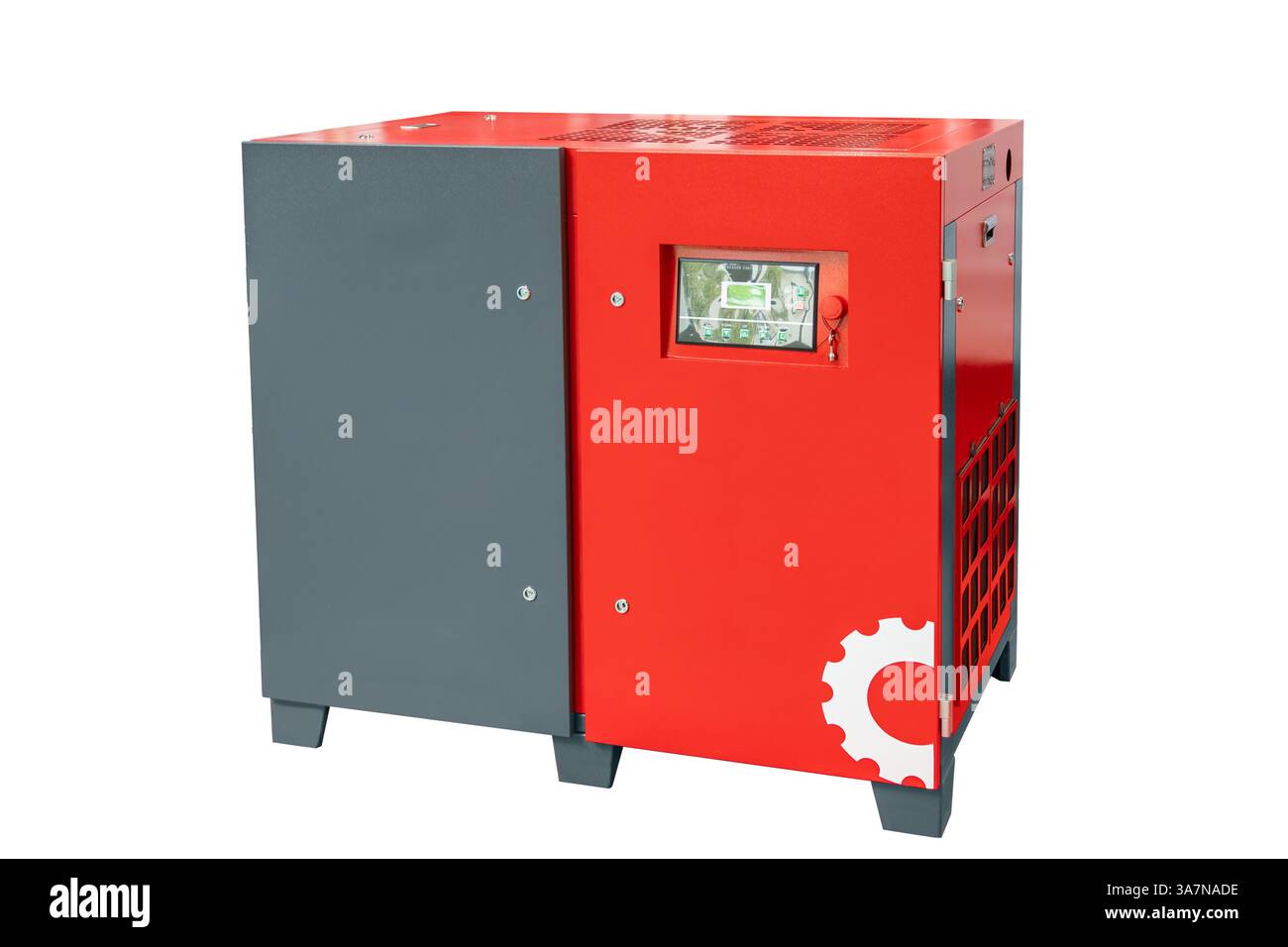 Red and gray industrial air compressor with digital control panel ...