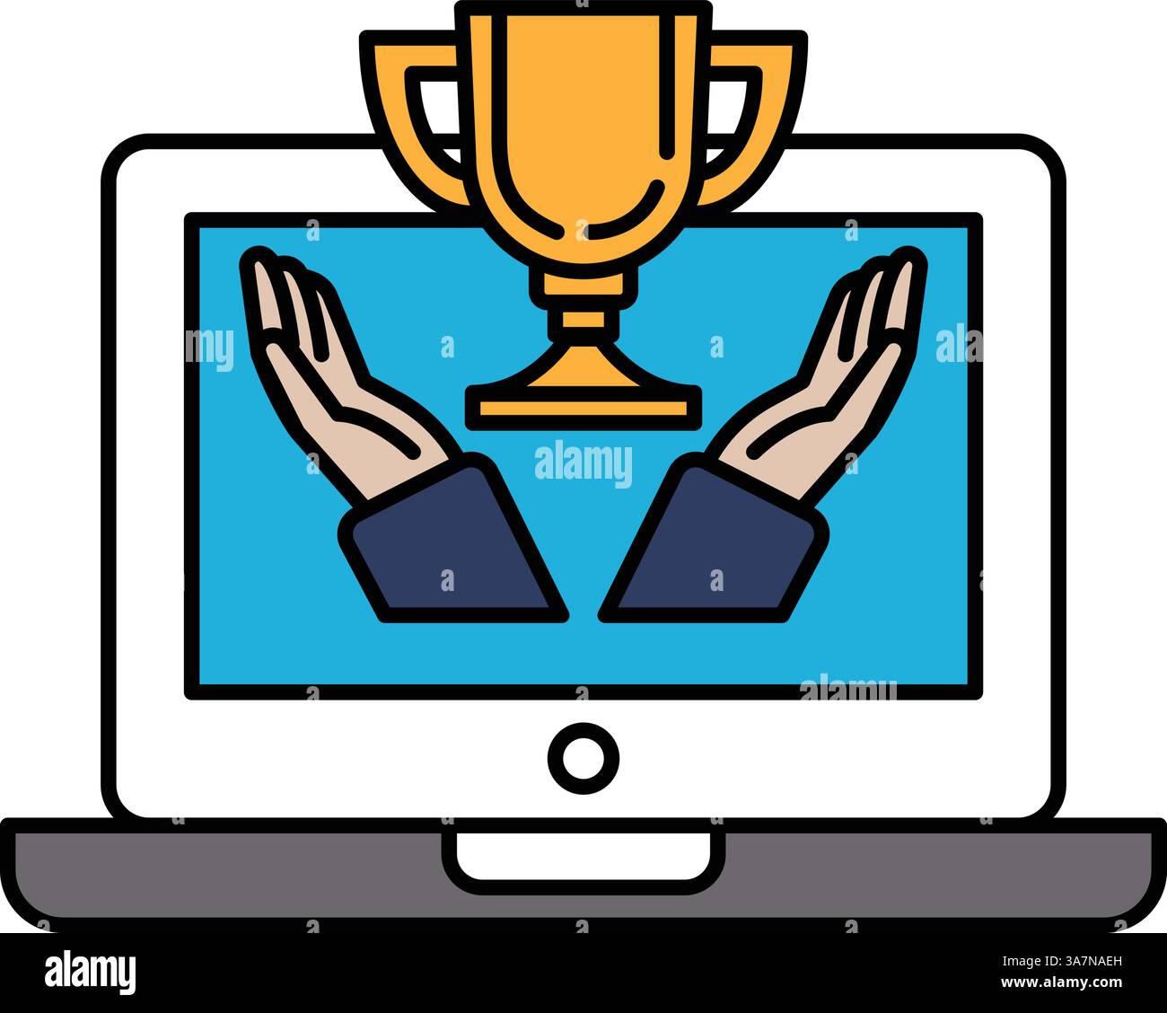 A laptop screen shows two hands holding a trophy. Concept of ...