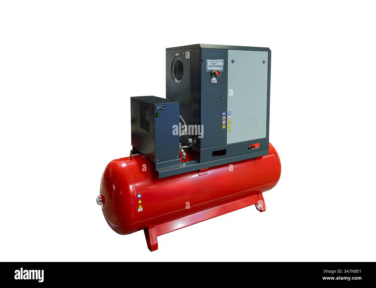 Red horizontal air compressor and dryer unit with control panel ...