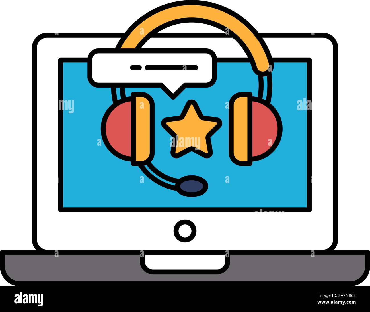 A laptop screen with a headset and a star on it. The star is in the ...