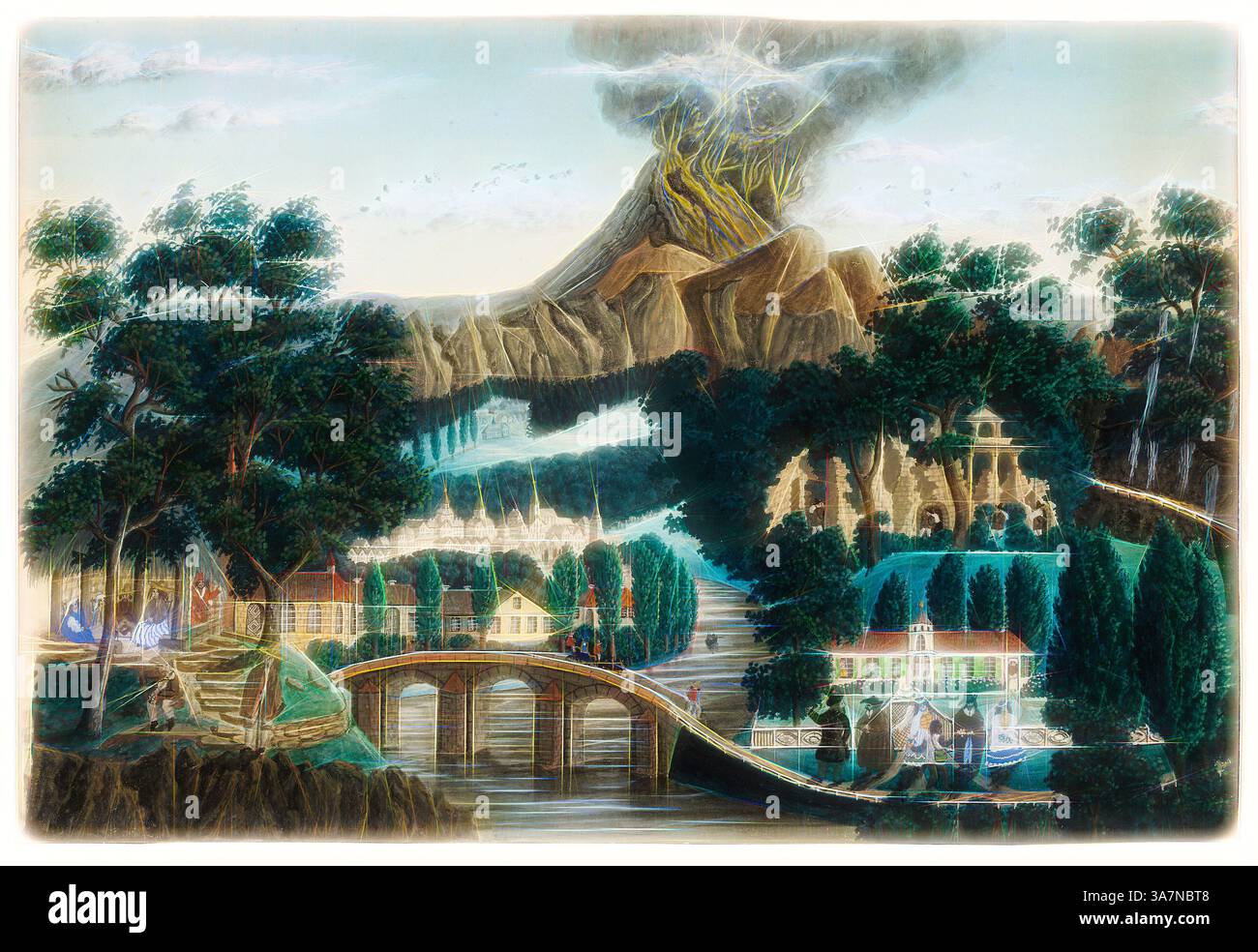 A dramatic landscape features a towering volcano, its peak erupting ...