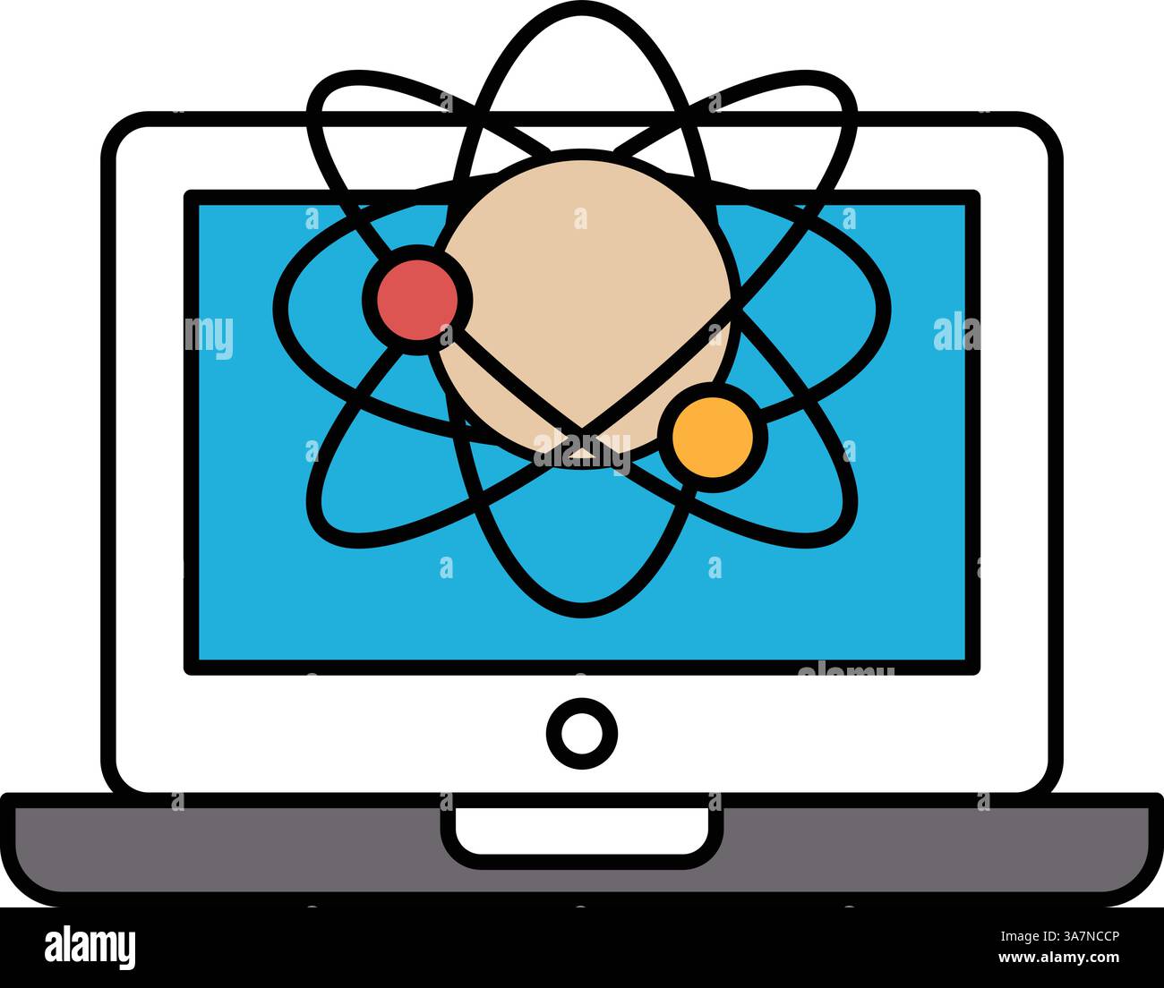 A laptop screen displays a drawing of a planet with a cluster of ...