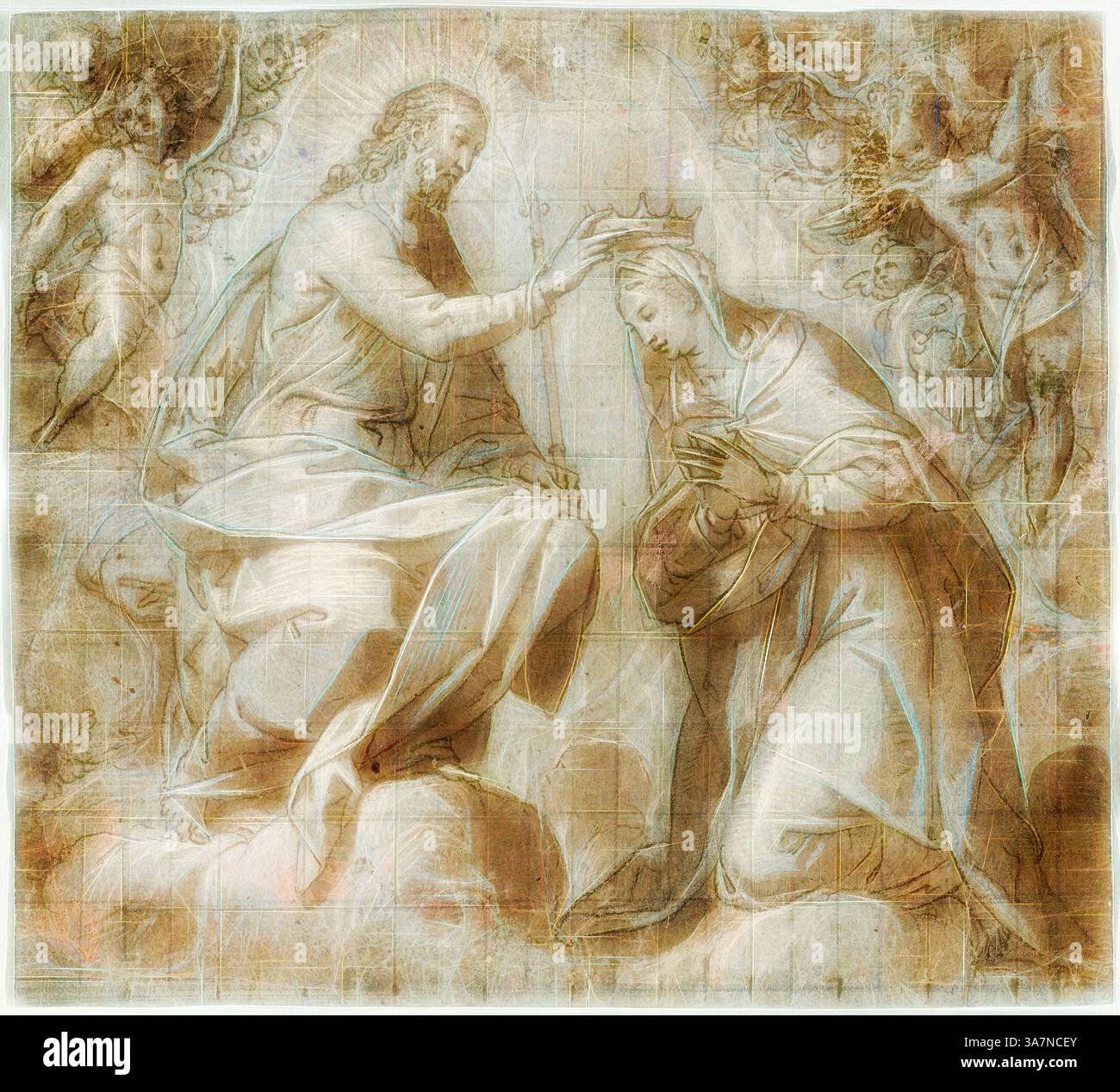 A serene depiction of a divine figure, placing a crown upon the head of ...