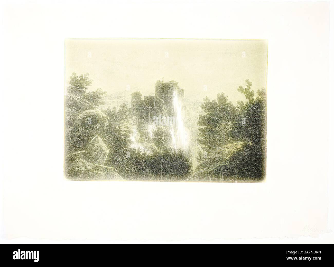 A distant castle rises among rugged terrain, surrounded by dense trees ...