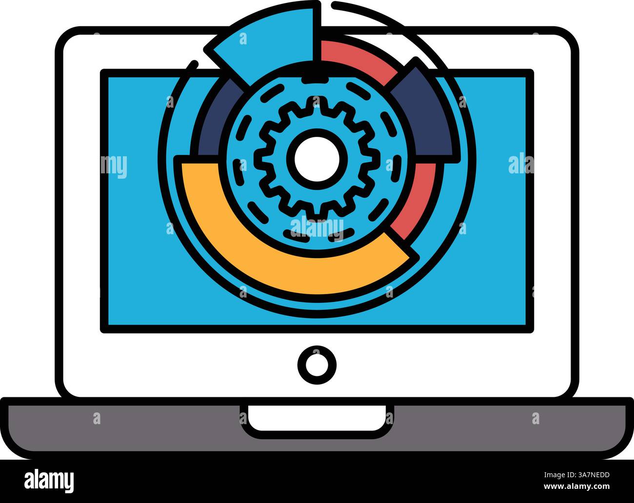 A laptop screen shows a gear with a blue background. The gear is ...