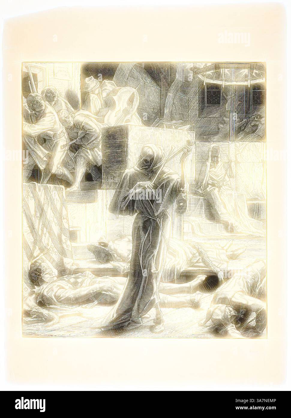 A somber scene depicting a cloaked figure in a central position ...