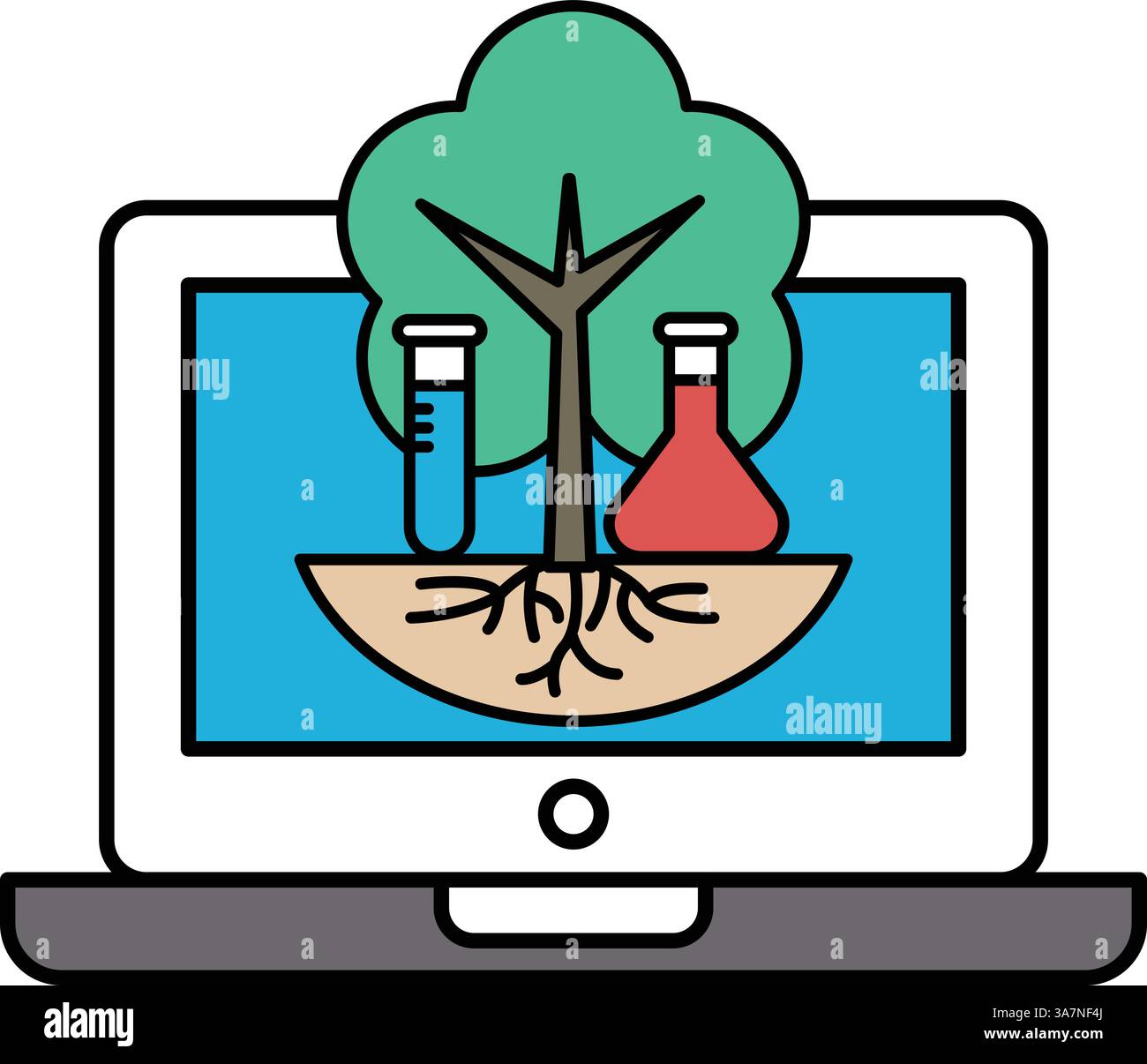 A laptop screen shows a tree with a tree root and a tree trunk. The ...