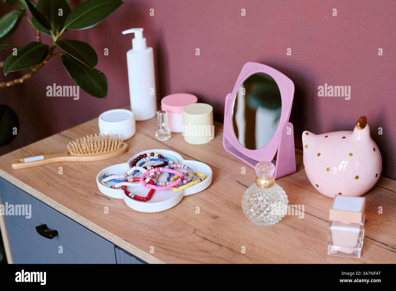 Dressing table setup showing variety of accessories including mirror ...