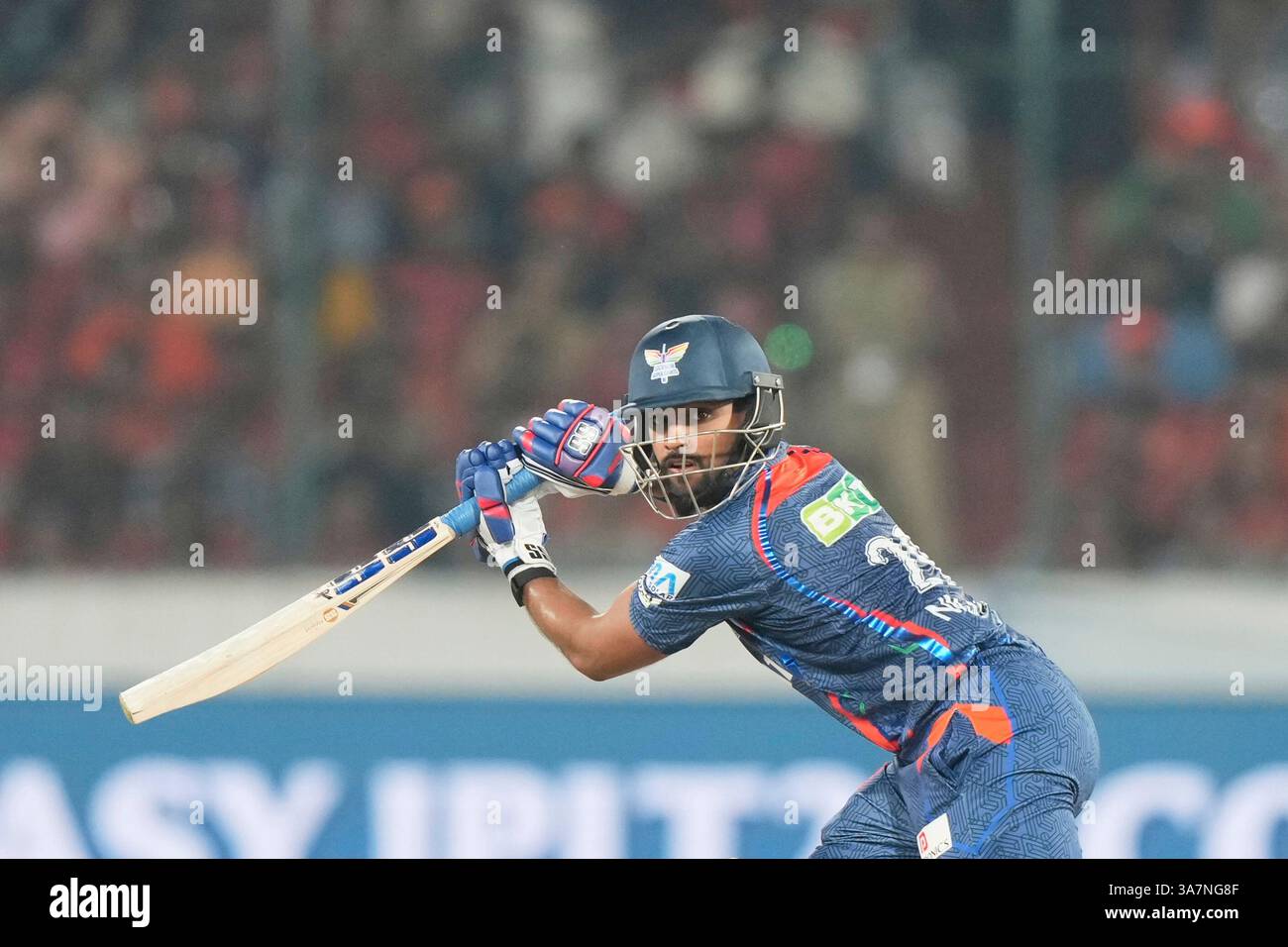 Lucknow Super Giants' Nicholas Pooran plays a shot during the Indian Premier League cricket ...