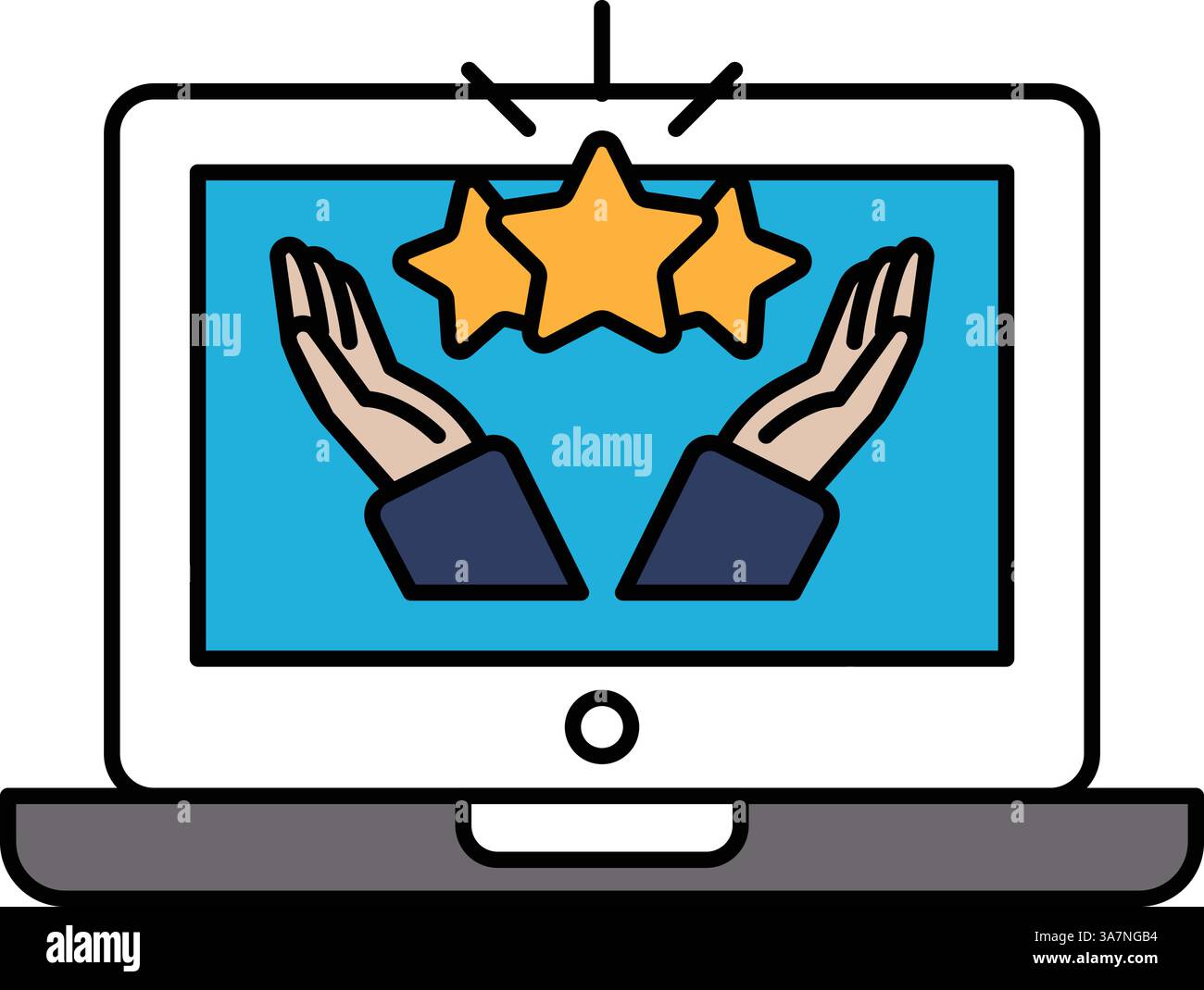 A laptop screen shows two hands holding up three stars. Concept of ...